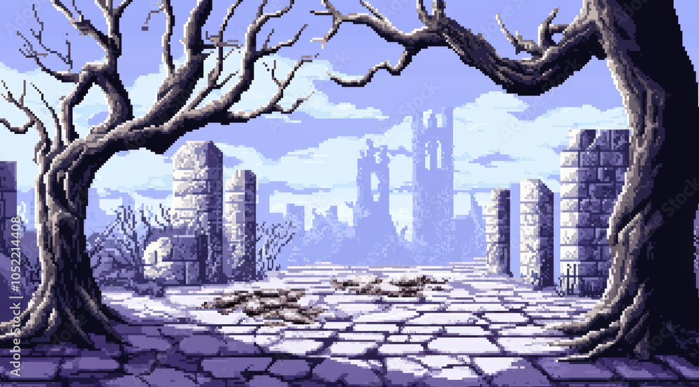 dark fantasy pixel art game background featuring abandoned medieval ...