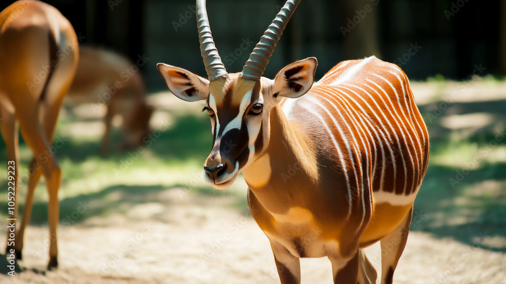 African bongo antelope with white stripes on its body and long horns ...