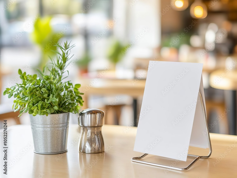 Blank cafe table menu with a clean design in a silver stand, set on a ...