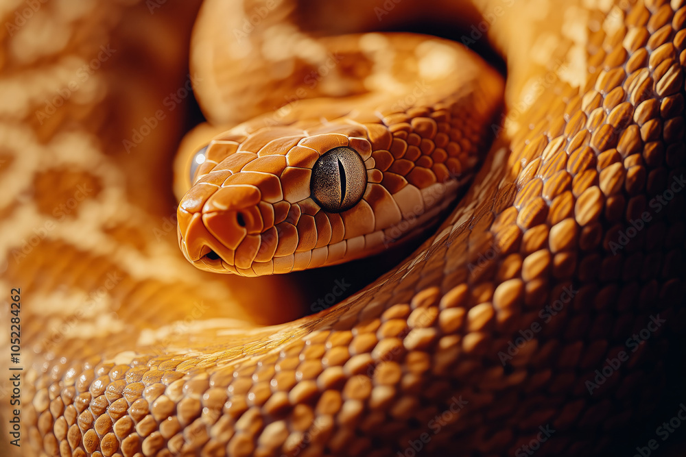 orange snake with intricate scales and intense eyes, coiled in a ...