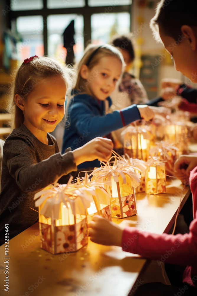 St. Martin's Day. Children making paper lanterns together. Group of ...