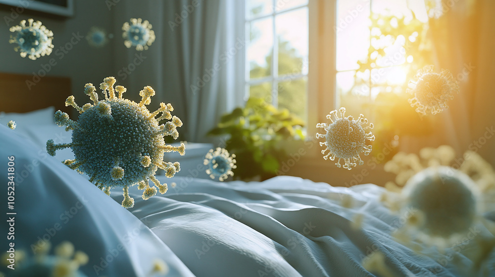 Depiction of bacteria near an air vent in a bedroom, illustrating how ...