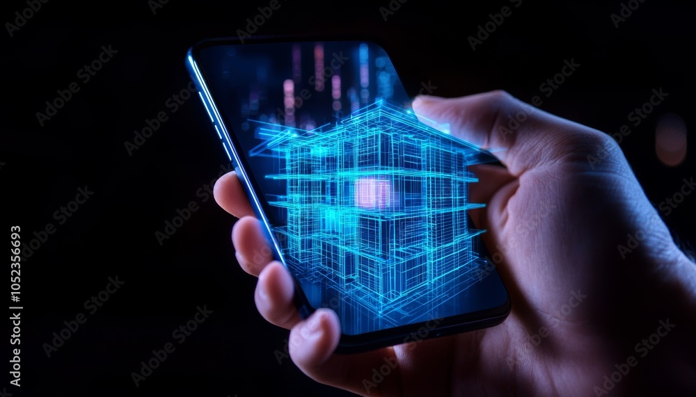 A smartphone app showing a detailed blue diagram of a residential building, with various angles ...