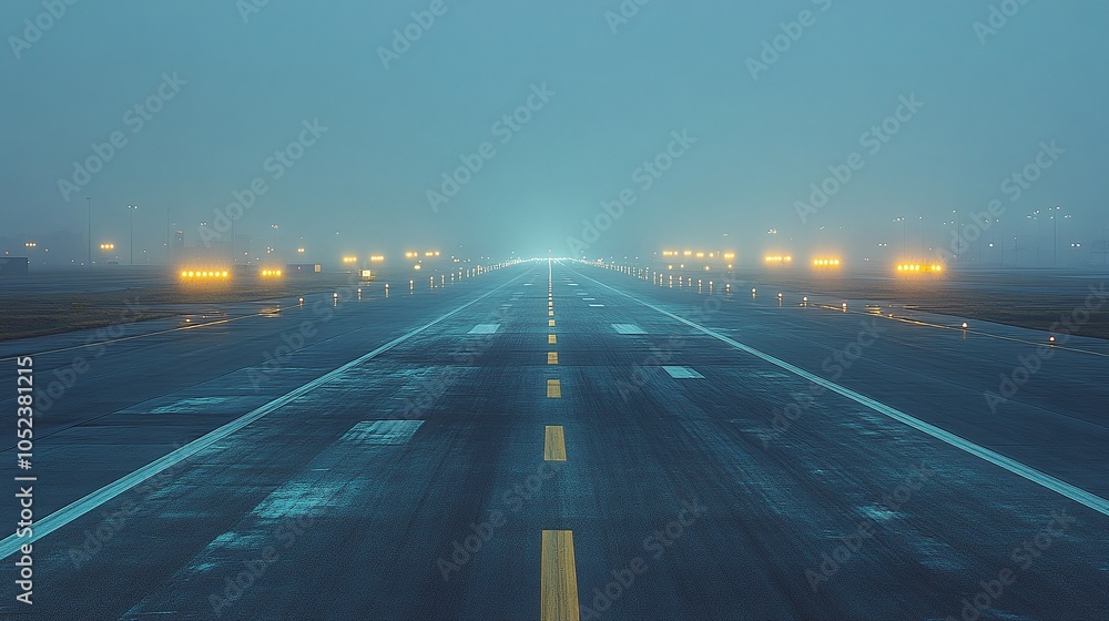 airfield scene with an empty runway showing braking marks, landing ...