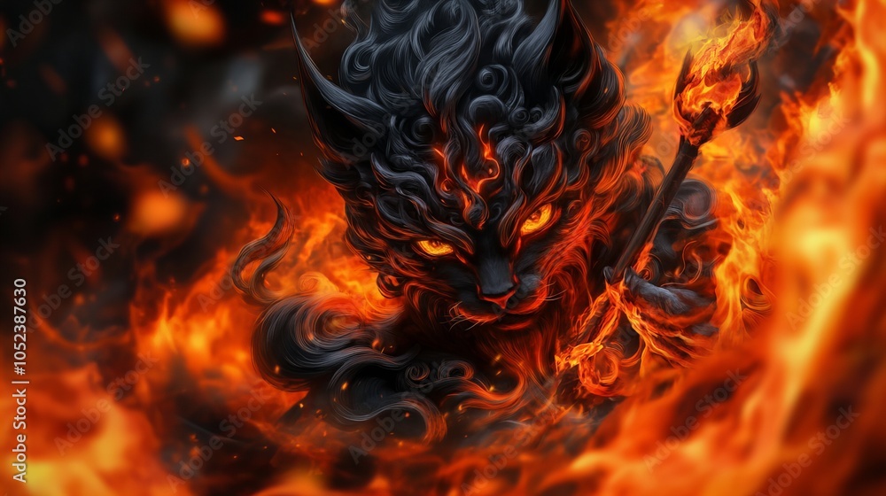 Fiery, mythical creature with glowing eyes emerges from a blazing ...