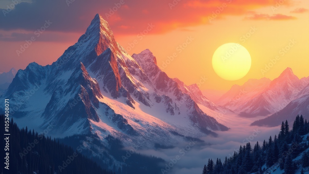 2D mountain with sun design, featuring clean lines and calming earth ...