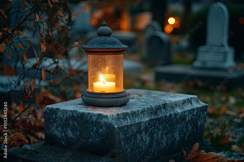 All Saints' Day. Lighted, elegant votive candle on a marble tombstone ...