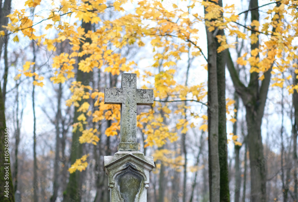 old tombstone with cross on cemetery, autumn nature background. symbol ...