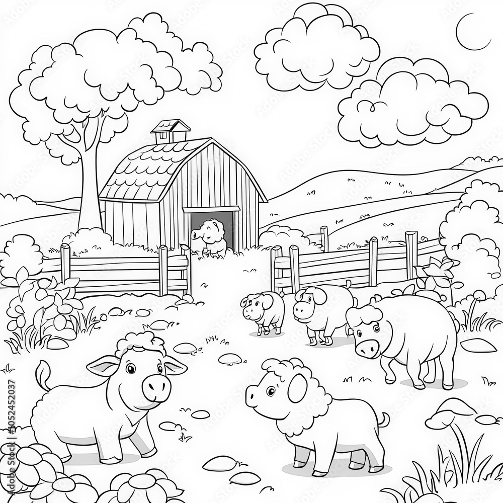 A whimsical farm with talking animals, coloring page for kids, simple ...