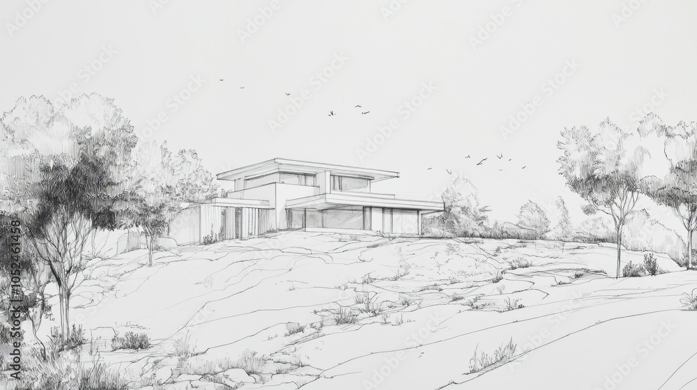 Contemporary house sketch seamlessly integrated into natural ...