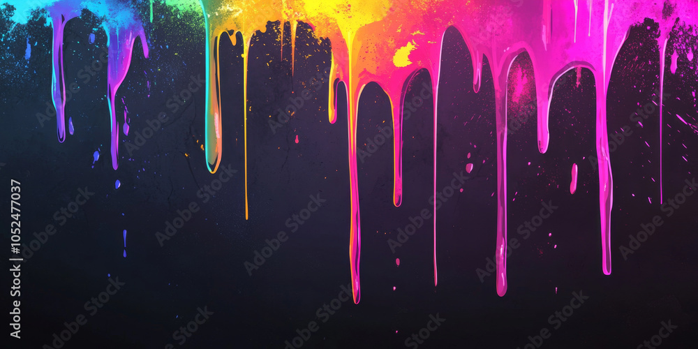 Neon-colored paint drips down a black background, creating a vibrant ...