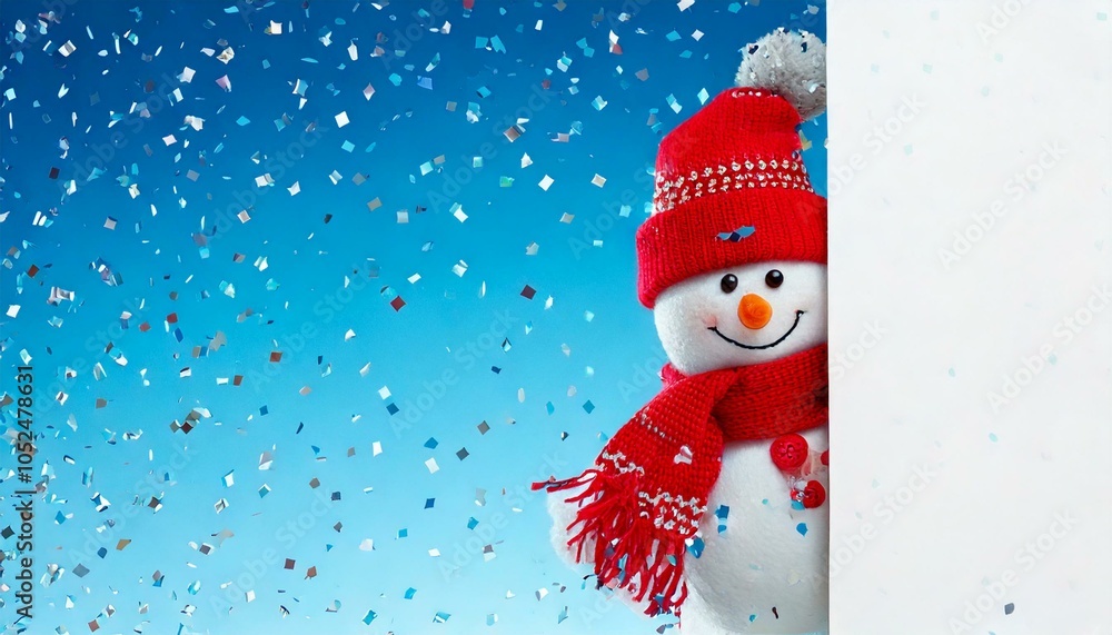 cute snowman peeking out from the side of a white wall wearing a red ...