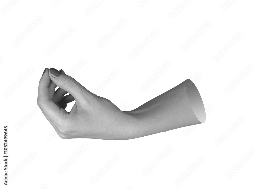female hand, fingers closed in a pinching gesture, isolated on a white ...