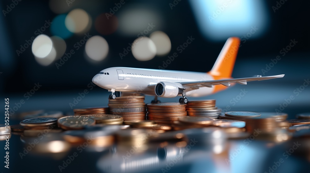 A model airplane sits on a stack of coins, symbolizing travel expenses ...