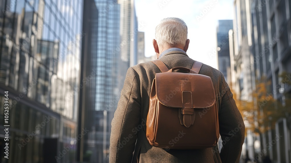 Older businessman commuting to work, seen from behind, wearing a ...