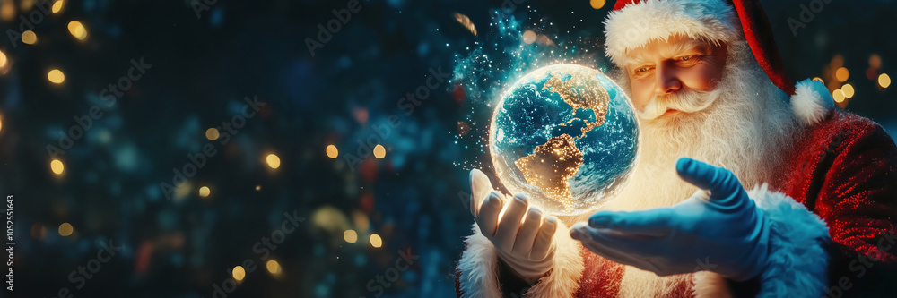 Santa Claus hold out shining planet Earth. Magic Christmas banner with ...