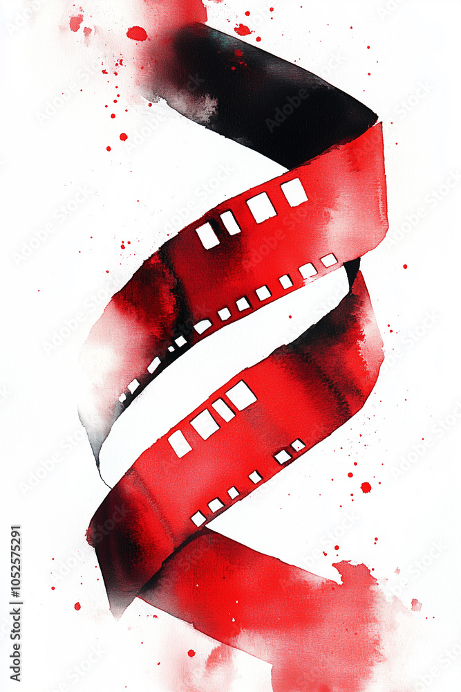 red film strip in s shape, watercolor clipart on a white background ...