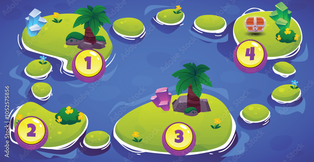 Vector map of game levels with a horizontal image with islands with ...