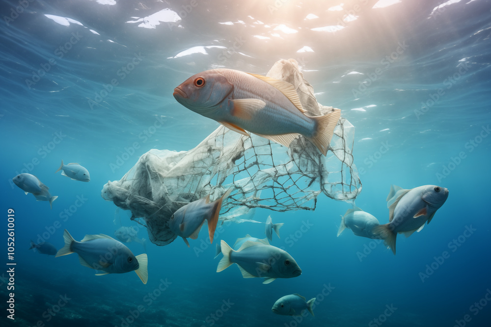 Fish stuck in plastic bag, result of ocean water pollution by plastics ...