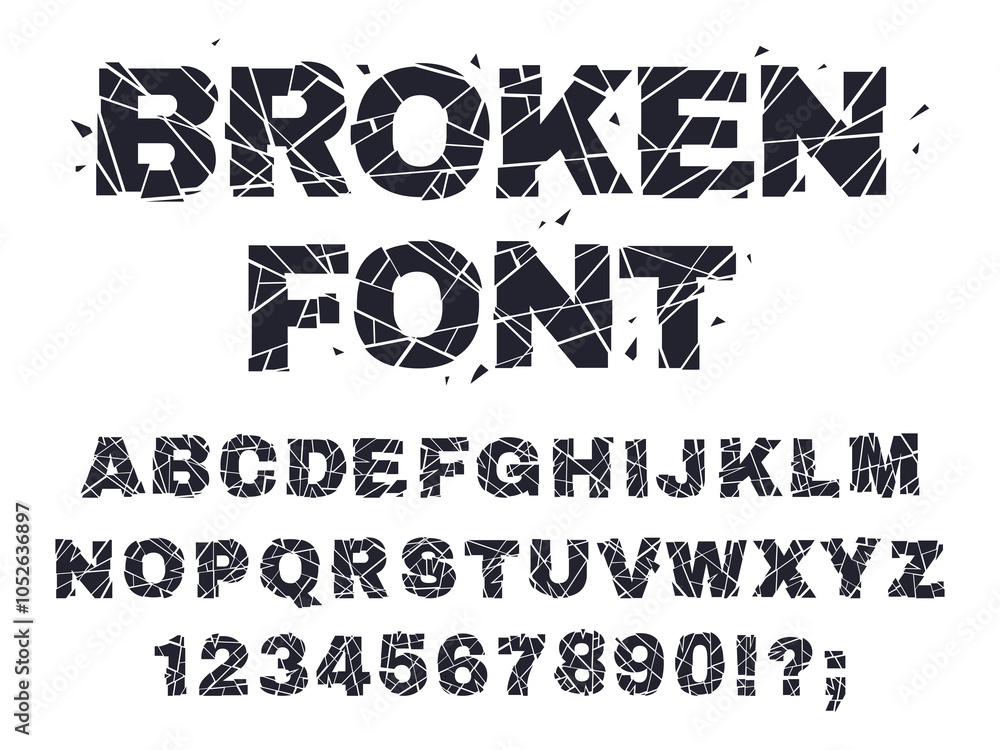 Smashed broken font. Glitch broken letters and numbers, cracked ...