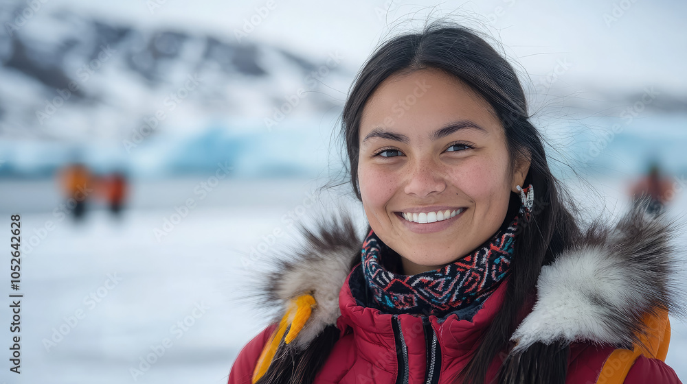young smiling indigenous greenlandic woman with black hair against ...
