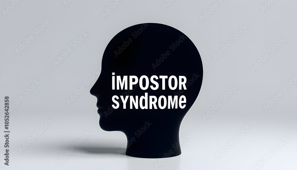 Office and model of head with phrase impostor syndrome isolated with ...
