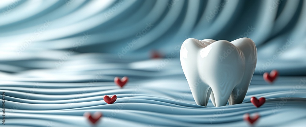 Single tooth with small hearts on abstract blue background. Dental ...