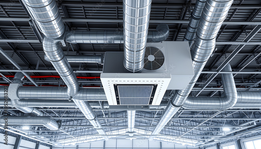 Industrial ventilation system. Pipes for room conditioning. Ventilation ...