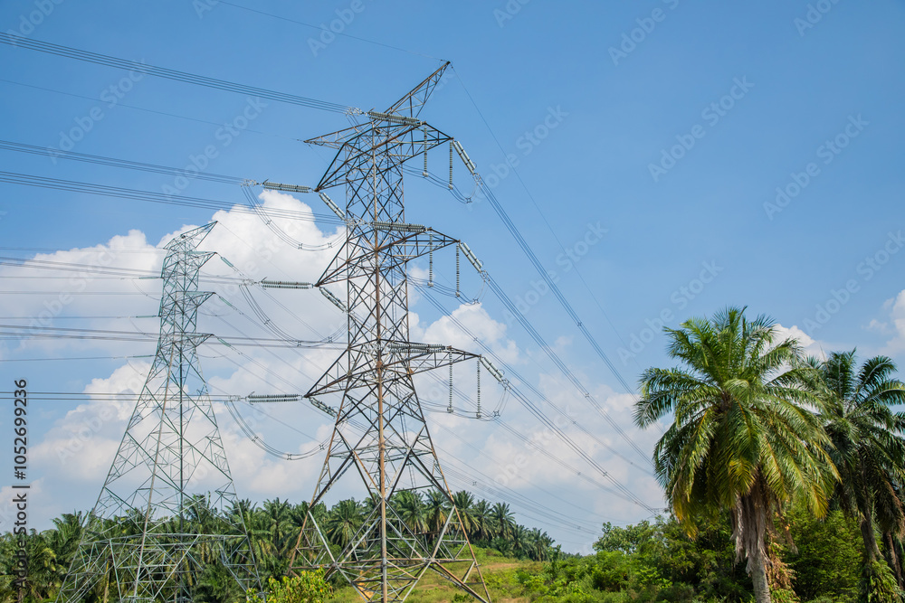 Electricity pylons . High voltage power poles. Electricity distribution ...