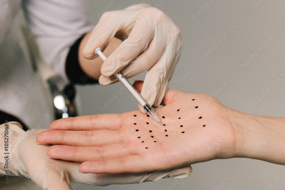 Marking dotes for filler injection on the palm of a patient against ...