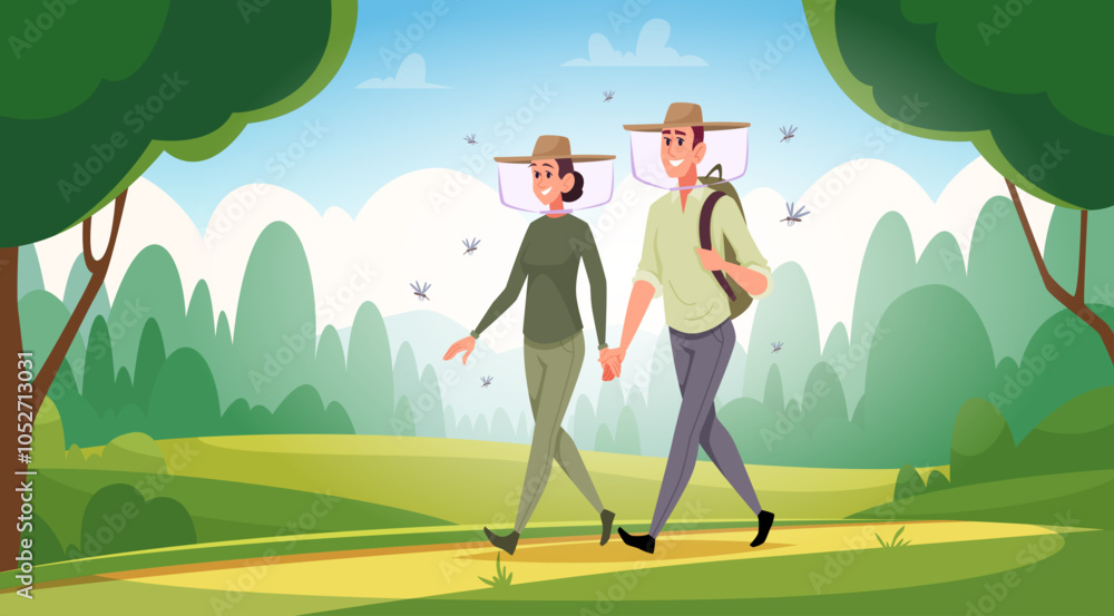 Insect prevention. Cartoon background with people bite little insects ...