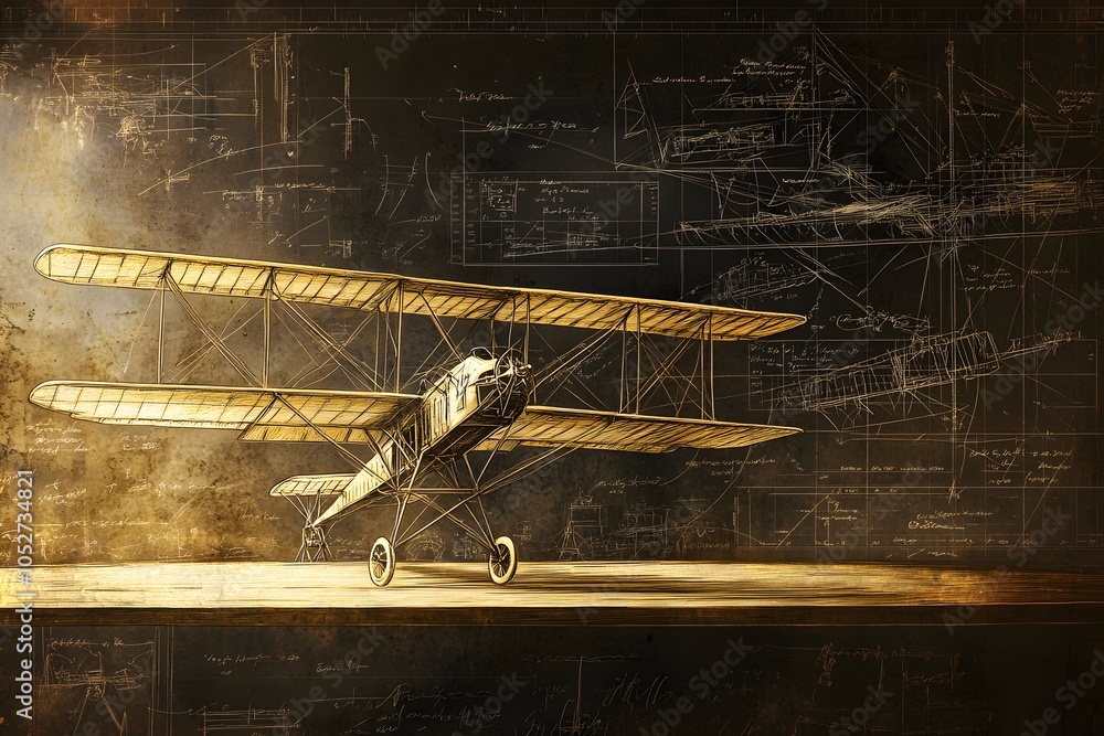 A vintage chalk drawing of the Wright Brother's Kitty Hawk first flight ...