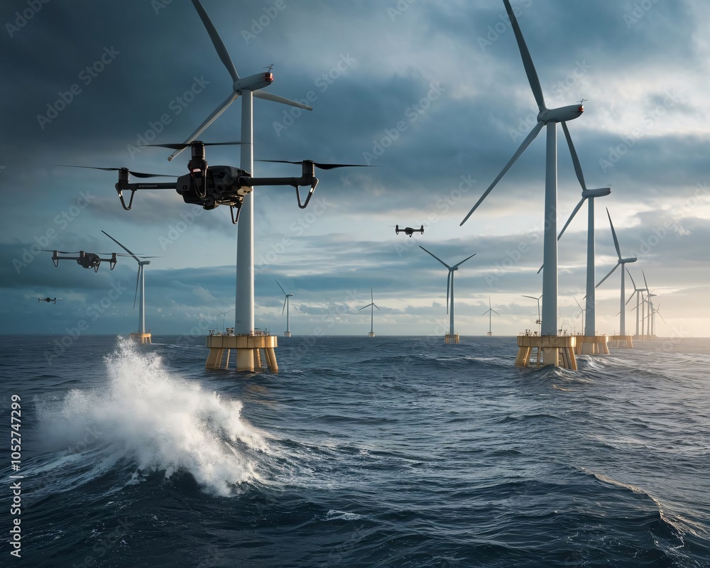 A fleet of drones flying over a large wind farm in the ocean ...