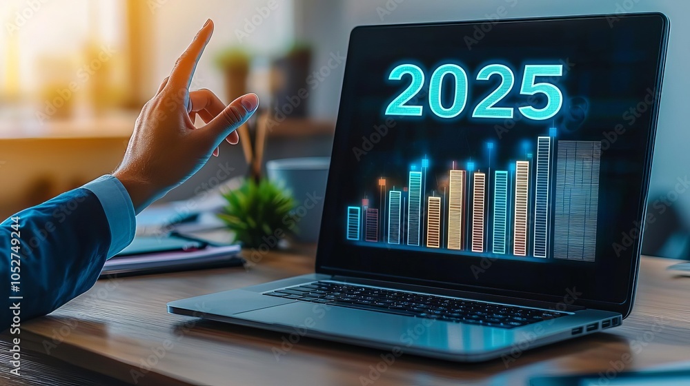 Business Plan 2025 Strategy A hand gesturing towards a glowing ...