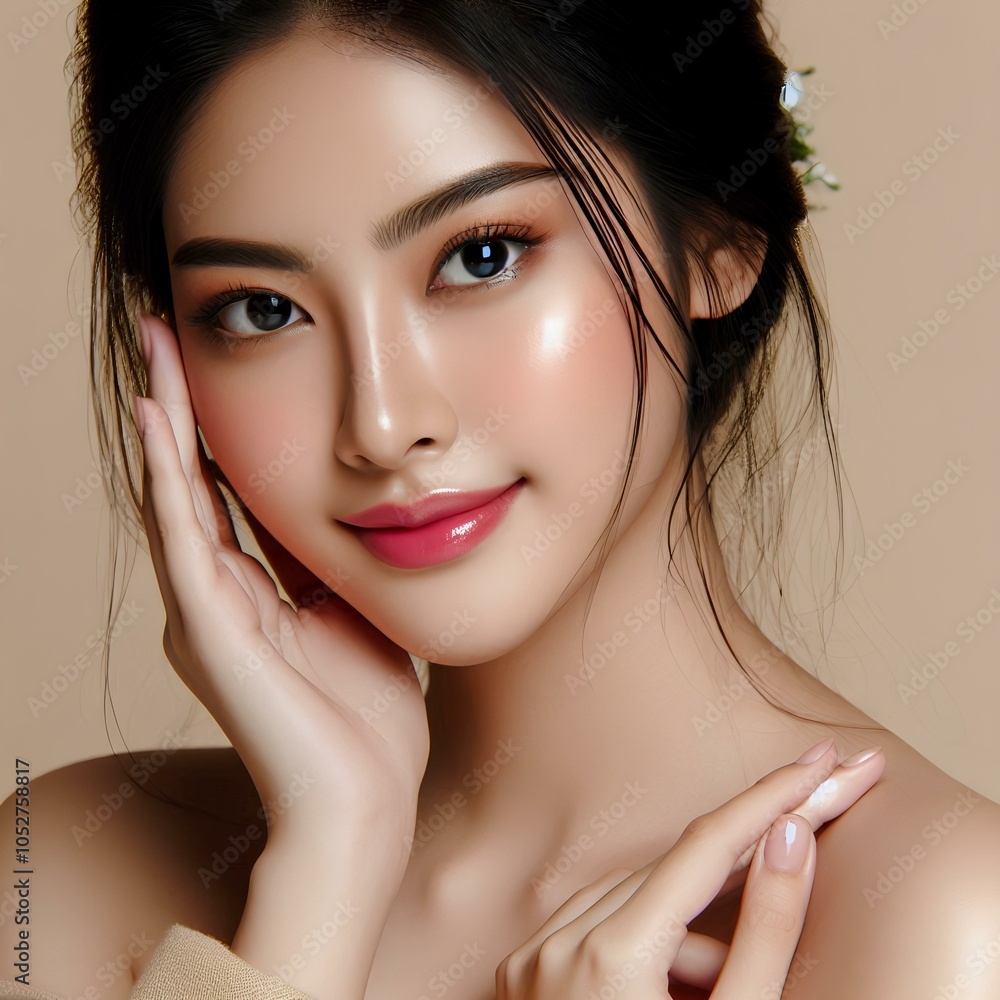 Beautiful young asian woman with clean fresh skin on beige background ...