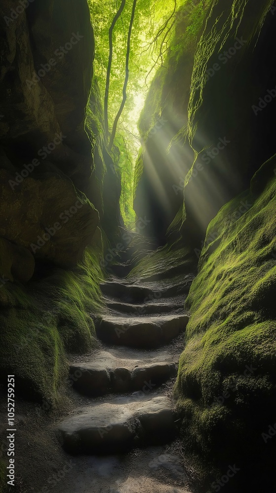 path cave moss growing rocks stairs hell heaven shaft sun window bright ...
