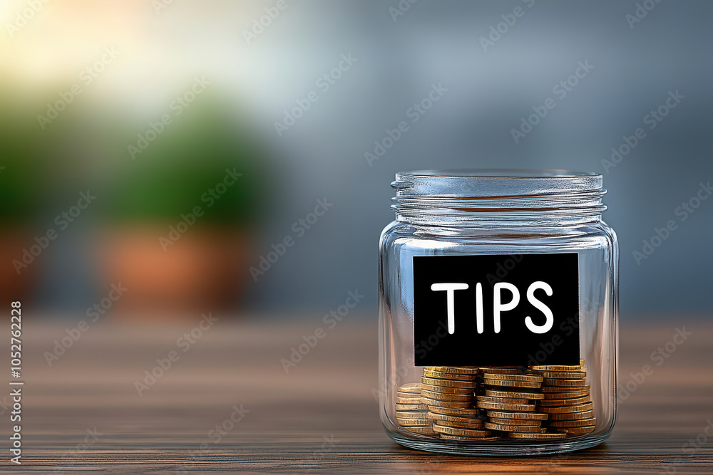 Tips jar filled with coins, symbolizing gratitude and appreciation for ...