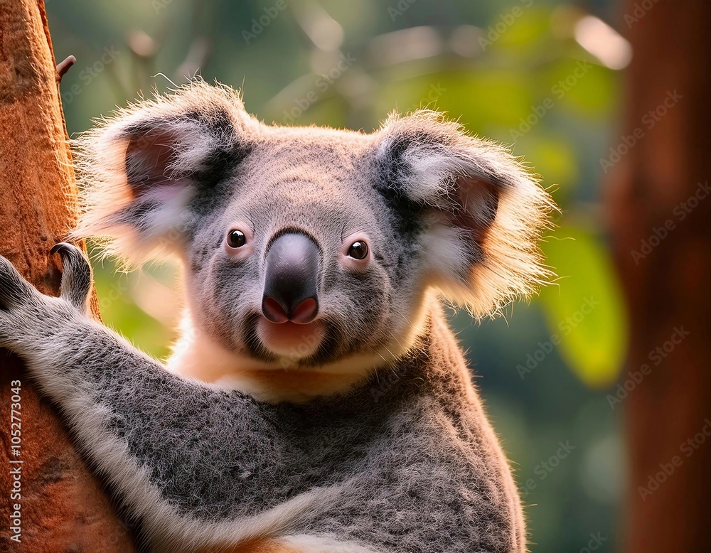 koala between tree branch with green forest background, koala is ...