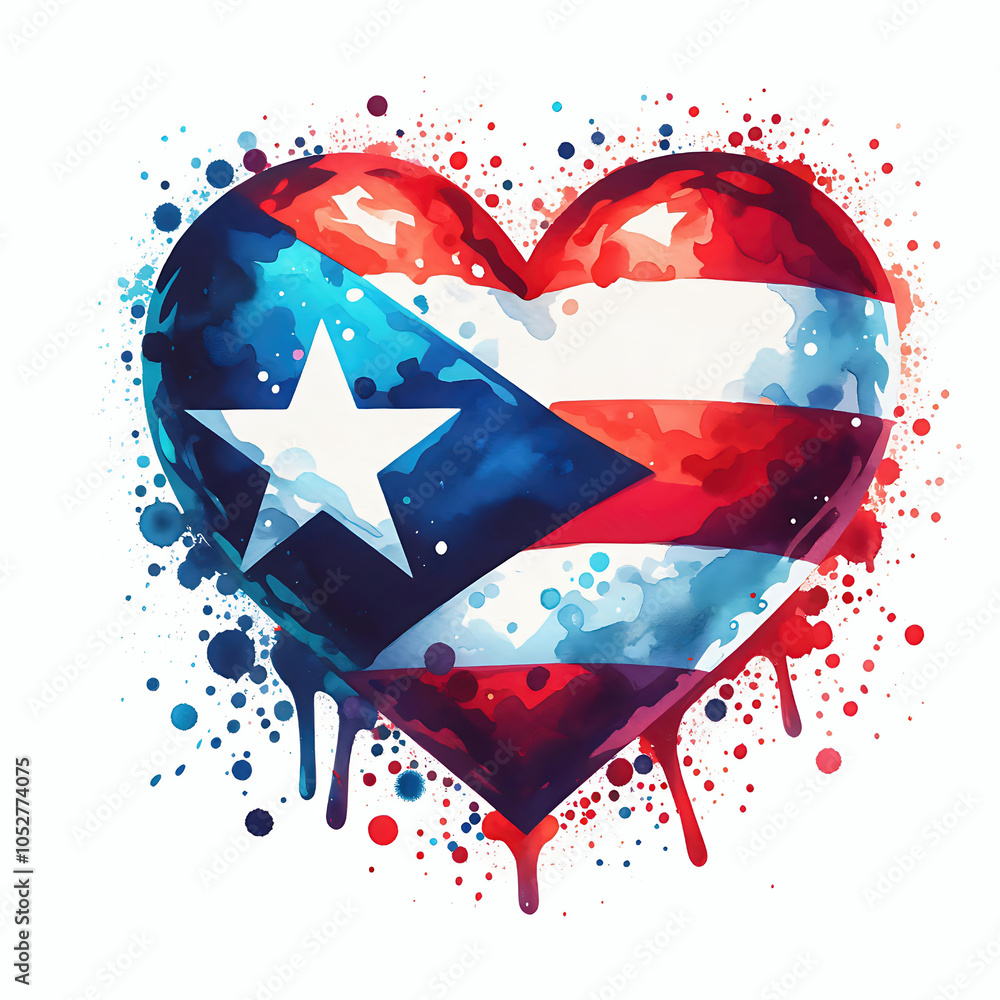 Watercolor heart illustration of the puerto rican flag on a white ...