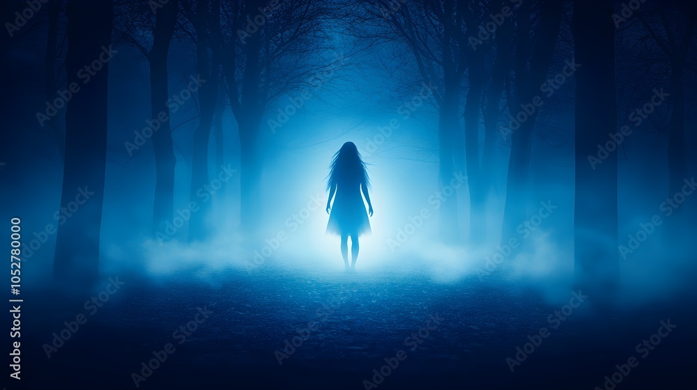 Creepy female silhouette with long black hair, her ghostly figure emerging from the dense ...