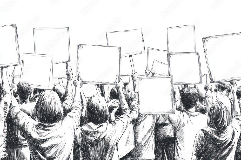 Crowd of people holding protest signs at city square, demanding change ...