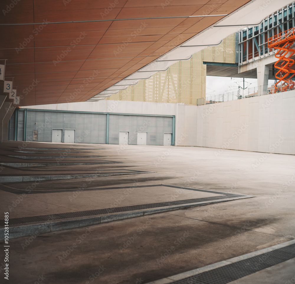 Modern bus stop with, featuring a slanted wooden ceiling, marked ...