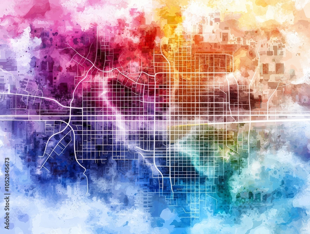 Colorful Minimalist Watercolor City Map with Neighborhoods Stock ...