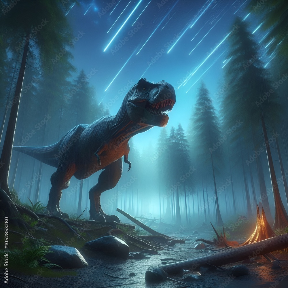 Tyrannosaurus rex at forest under the meteoroid rain Stock Illustration ...