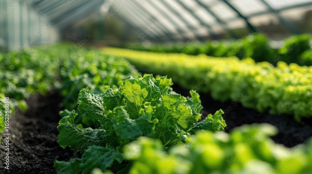 Leafy greens growing in greenhouse. Lush leafy greens growing in rows ...