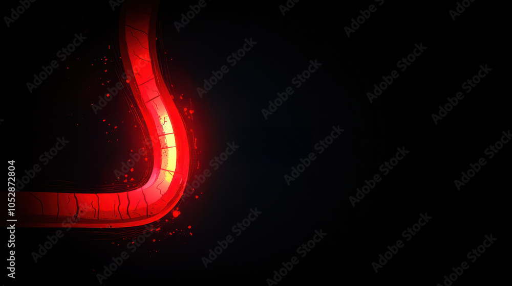 Abstract glowing red curved line resembling the shape of an intestine ...