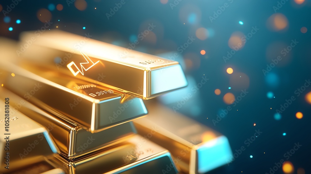 Stack of gold bars with glowing trend arrows pointing upward ...