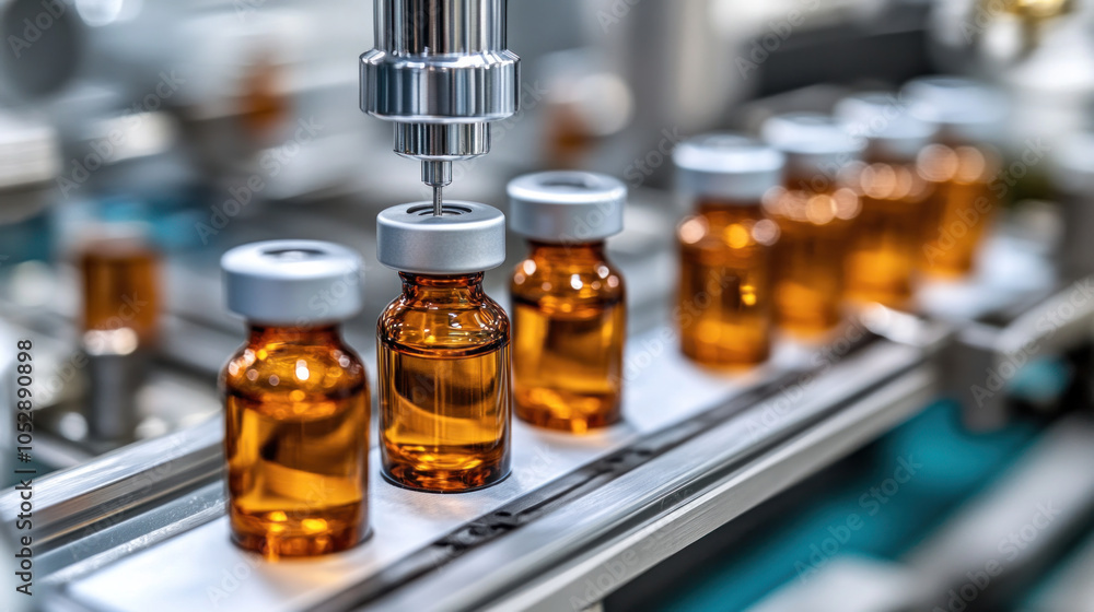 A line of bottles are being filled with a liquid. The bottles are all ...