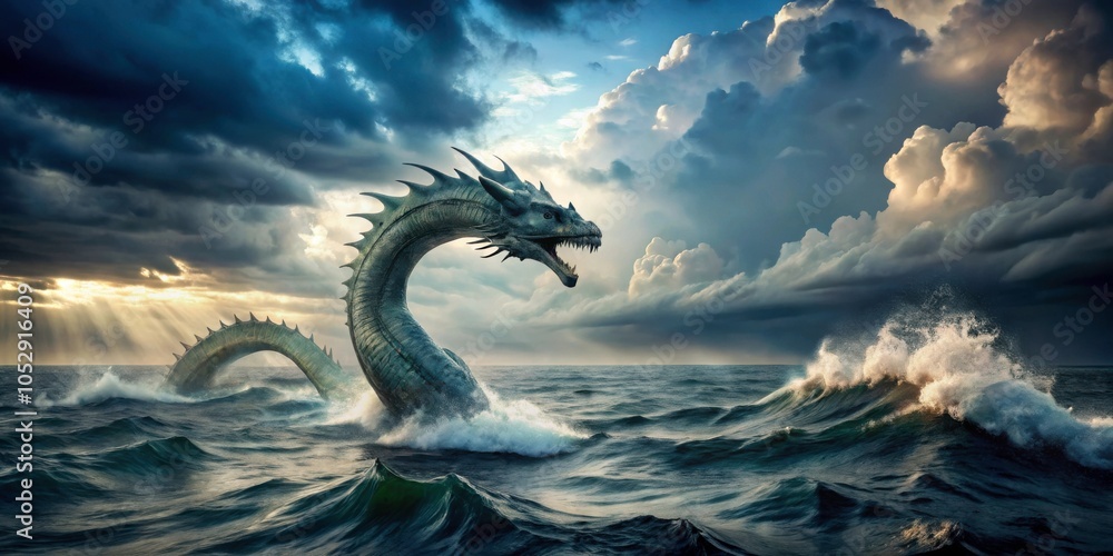 Mythical sea serpent breaching ocean surface under dramatic cloudy sky ...