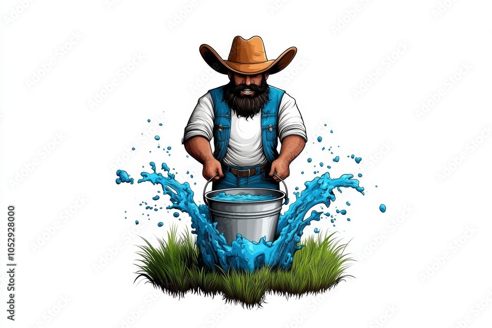 a 2D cartoon illustration of a farmer carrying a bucket of water farm ...